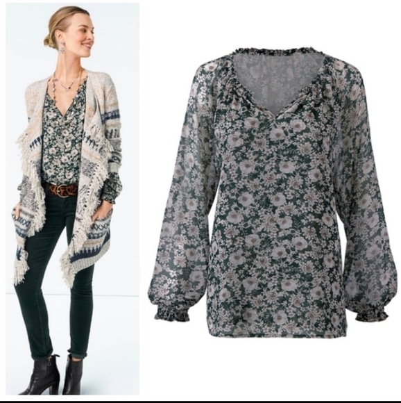 CAbi | Tops | Cabi 3765 Peasant Blouse Boho Green Floral S | Poshmark